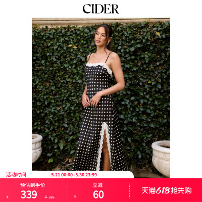 CIDER2026春季新品缎面波点蕾丝拼接开叉长连衣裙115324933