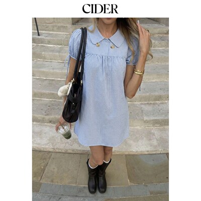 CIDER2026春季新品棉质混纺彼得潘领格纹抽绳迷你连衣裙115161449