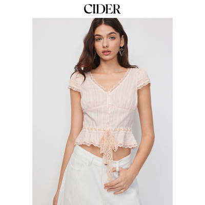 CIDER2026春季新品棉质V领泡泡袖蕾丝系带短款上衣115284076