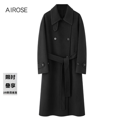 2025秋冬季新款艾诺丝舒适长款收腰系带毛呢大衣女234023