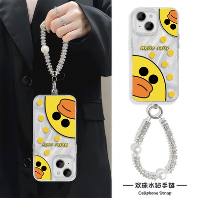 可爱小黄鸭iPhone16手机壳带挂绳K80Pro小米15羽纱Y300苹果14Plus适用RENO13硬12ProMax高级感MATE70女A5创意
