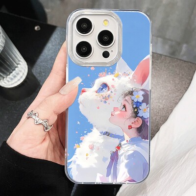 VIVOY500手绘女孩猫咪iPhone12可爱羽纱硬苹果17高颜值16plus手机壳13PRO带挂绳OPPORENO15适用14ProMaxins风