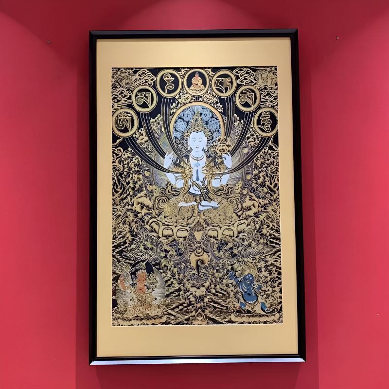 传统文化六字四臂观音织锦唐卡立体刺绣中式有框木制挂画