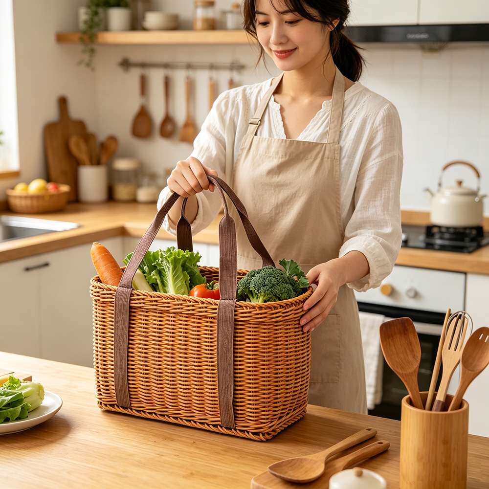 凰图工艺田园风编织购物家用藤篮手提仿藤收纳菜篮草莓采摘篮36cm