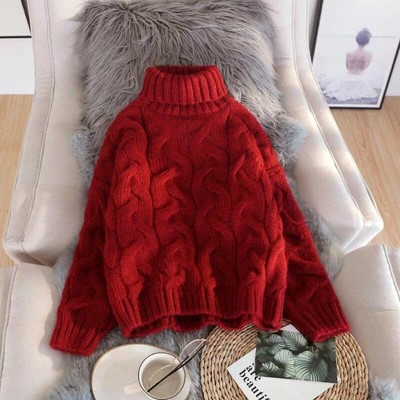 网红减龄高领麻花毛衣女宽松外穿保暖港味慵懒风加厚短款秋冬季