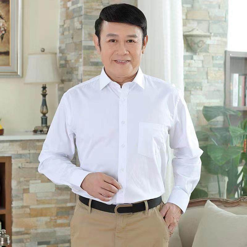 平下摆中老年衬衫男长袖爸爸装春秋薄款男士寸Q衫宽松父亲衬衣大