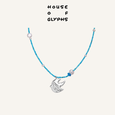 House of Glyphs符界HO飞鸟串珠蓝松石拼接珍珠蓝色锁骨链