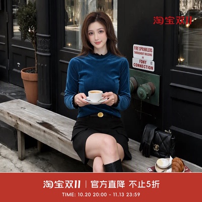 COCO BECCI【可可私语】100粘纤半高领丝绒花边小衫CGD11409