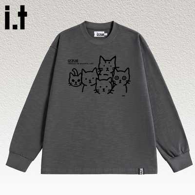 itizzue长袖T恤美式潮牌猫咪印花纯棉圆领上衣2025年秋季男女装4P