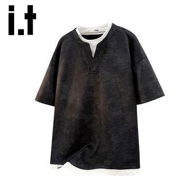 itizzue扎染假两件T恤男士短袖