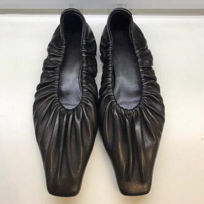 褶皱方头奶奶单鞋女2025新款韩版夏季平底浅口Q软皮一脚蹬小众瓢