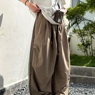 一只小杨25ss日系纯色宽松褶皱水洗阔腿裤男女百搭抽绳弯刀裤轻薄