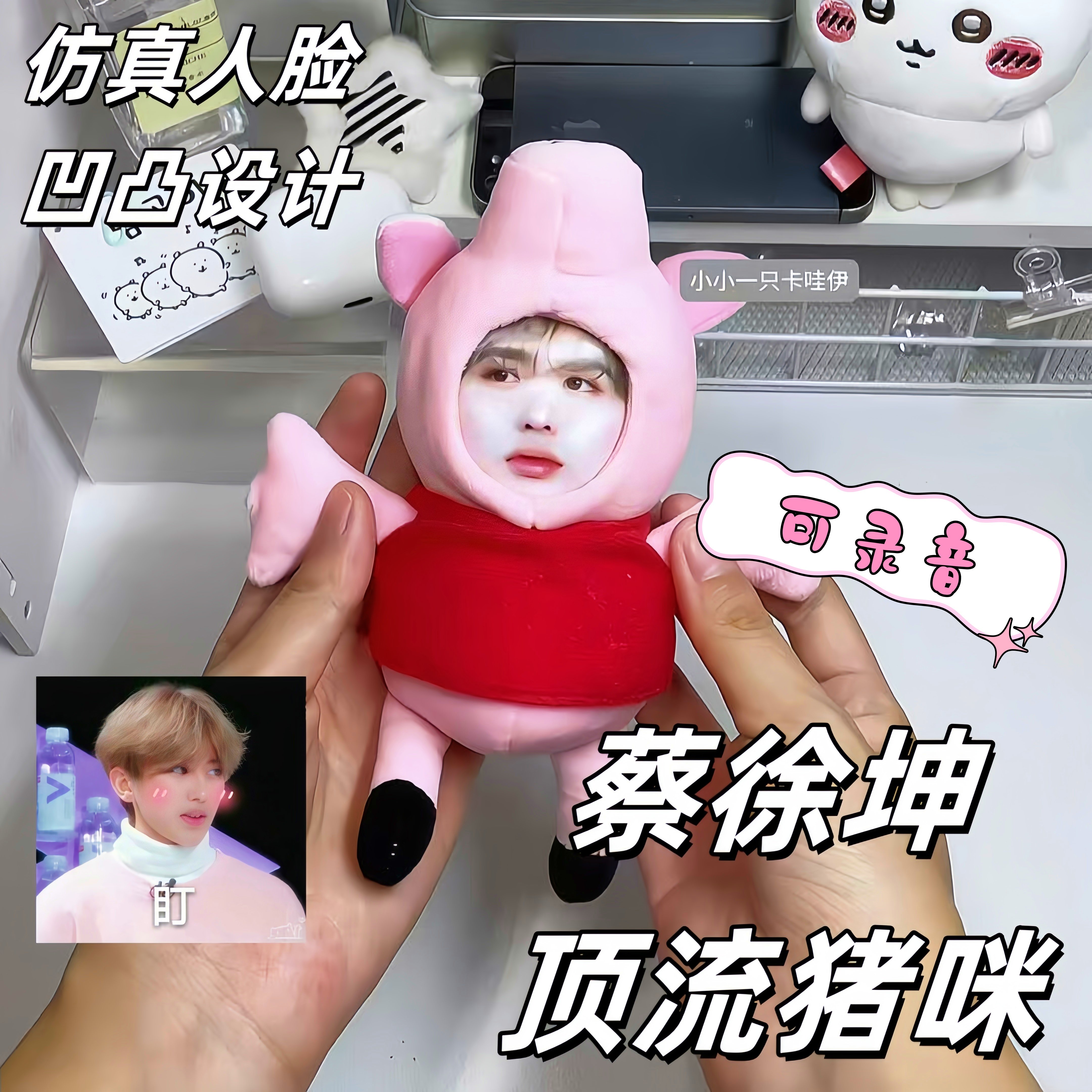 蔡徐坤猪咪玩偶3D立体人面可以录音公仔娃娃坤坤周边IKUN毛绒玩具