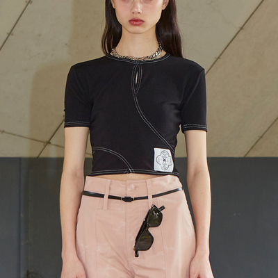 VitalSign开衩缝线短款T恤法式复古纯色短袖上衣高设计感