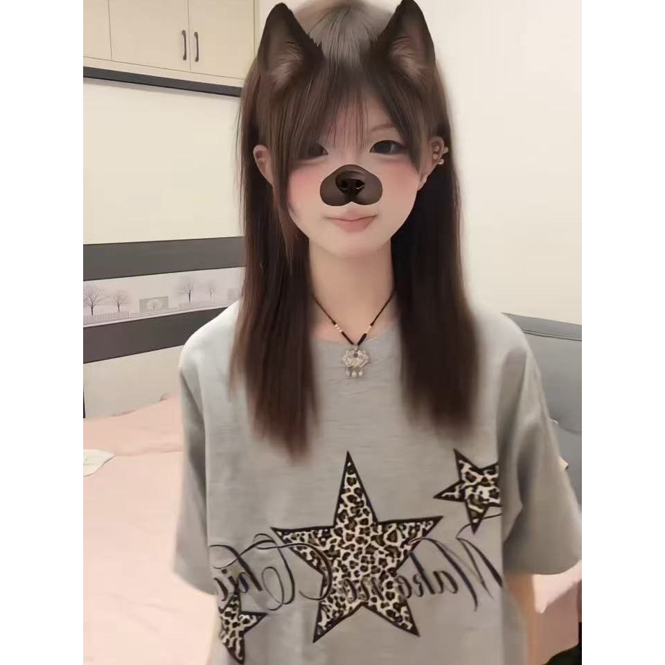 DHSS美式复古星星豹纹刺绣圆领短袖男女宽松夏季百搭休闲情侣T恤
