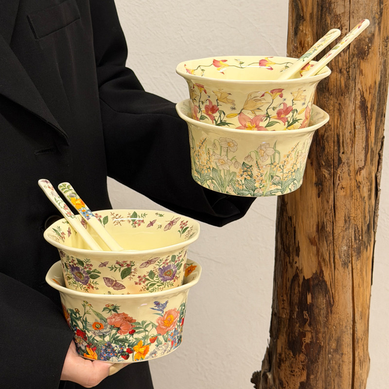 繁花陶瓷饭碗家用2026新款米饭碗个人专用甜品碗沙拉碗酸奶碗带勺