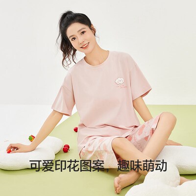好波睡衣女短袖短裤套装家居服大码休闲长款睡裙居家服HJZ2434