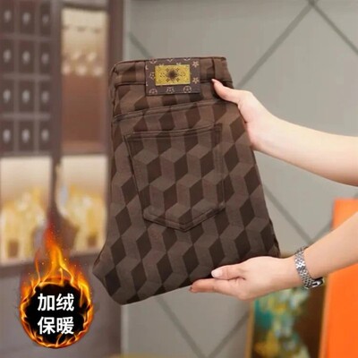 仕咖服装轻奢格子牛仔裤男士秋冬修身小脚弹力格纹格子裤