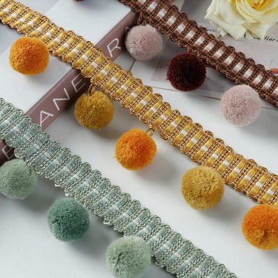 新款窗帘花边配件辅料网红款绿色法式侧拼立边毛毛球吊穗球M-292