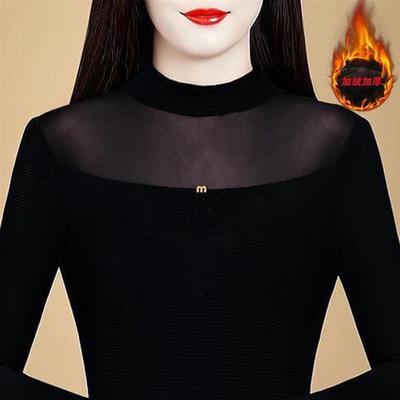 优衣美甄n选服饰商行半高领秋冬H内搭修身网纱上L衣长袖T恤衫百小