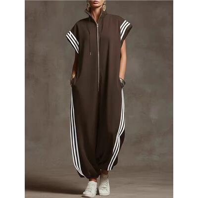 欧美拉链立领条纹撞色时尚短袖连体裤女 Striped zipper jumpsuit