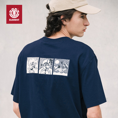 ELEMENT滑板短袖T恤男蓝色宽松复古趣味印花重磅落肩休闲半袖女潮