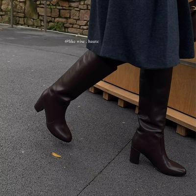 LIKE WISE HAUTE ·6.5cm小圆头粗跟皮质百搭真皮时尚高跟长靴