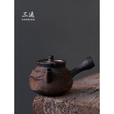 日式孤品纯手工柴烧南蛮烧手捏侧把急须壶裸烧赤贫粗陶单个小茶壶