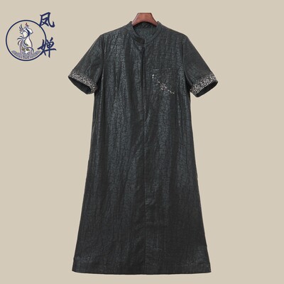 凤婵·原创 新中式国风刺绣龟裂纹老料香云纱中老年女装连衣裙
