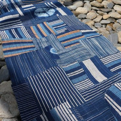 倚山人|boro褴褛蓝染条纹色织土布手织布拼布缝纫机缝制复古布料