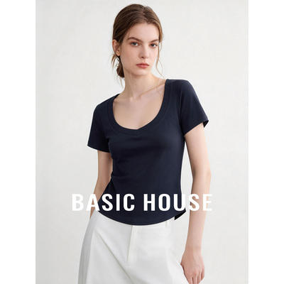 Basic House/百家好2026夏季新款藏青色低U领基础百搭短袖T恤女