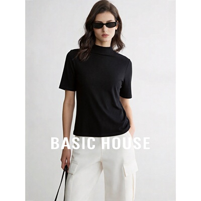 Basic House/百家好酷飒风黑色半高领短袖T恤女修身简约高级上衣