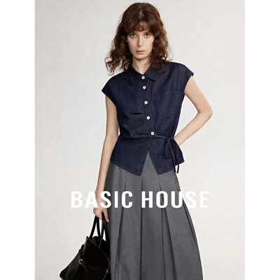 Basic House/百家好牛仔风收腰不对称绑带衬衫无袖女百搭通勤上衣