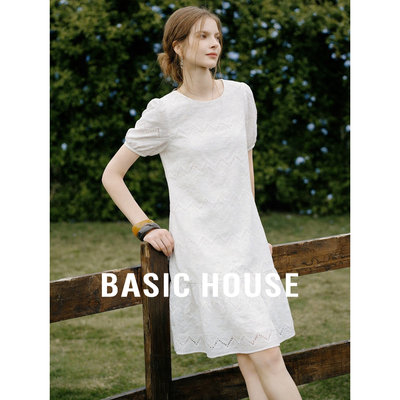 Basic House/百家好纯棉蕾丝连衣裙女夏季泡泡袖A字短裙显瘦气质