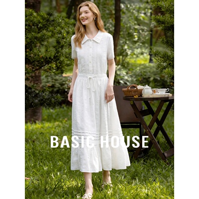 Basic House百家好法式白色纯棉衬衫领连衣裙女夏收腰短袖a字长裙
