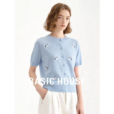 BasicHouse百家好小马刺绣针织开衫圆领宽松短袖女夏新款减龄上衣