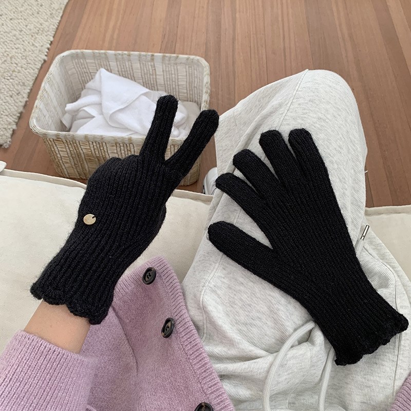 韩系花边手套女腈纶甜美针织毛线保暖手套服饰网红搭配触摸屏手套