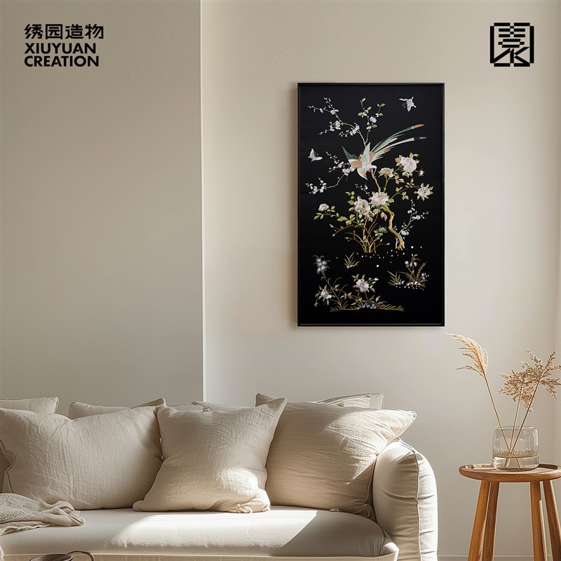 绣园造物新中古风晚风格鸟锦上添粤绣刺绣装饰画挂画