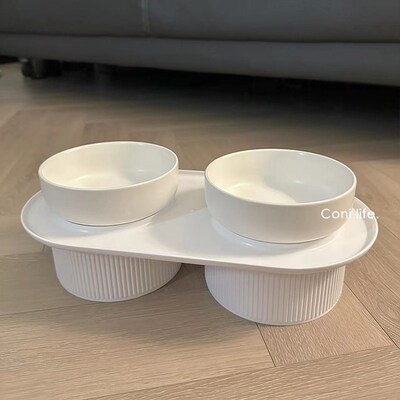 Coni life猫碗陶瓷白色双碗高脚护颈猫盆防滑防打翻狗碗宠物用品