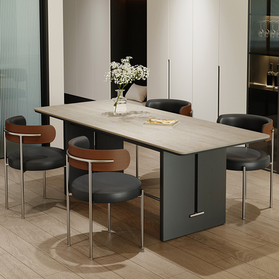 复古风洞石岩板餐桌椅小户型长方形意式中古家用实木茶桌