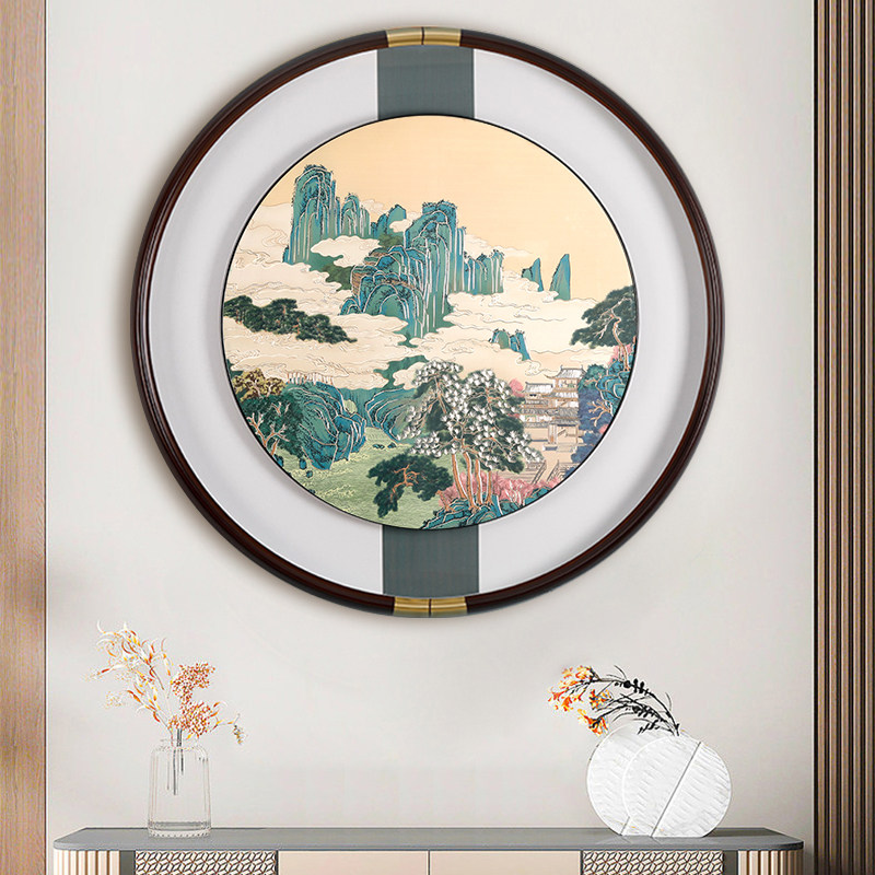入户玄关装饰画圆形铜雕画led灯带九鱼图新中式过道走廊挂画高档