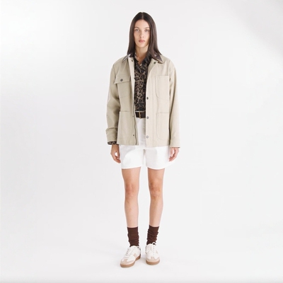 SIMONETTA RAVIZZA26春夏 羊皮翻领棉质长袖夹克豹纹宽松长袖衬衫