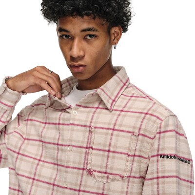 ANTIDOTE 破坏毛边格子衬衫春秋复古撞色长袖格纹休闲宽松衬衣男