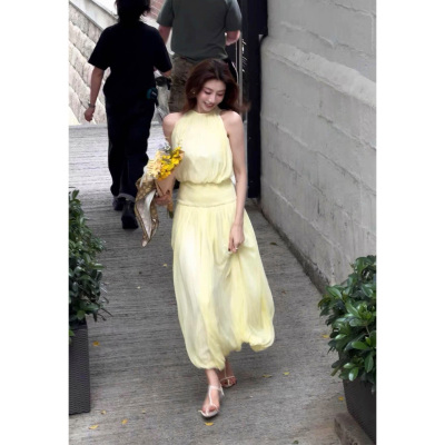 AloneSavor龙喜儿IOO人丝连衣裙收腰A字大摆女士挂脖背心字裙D139