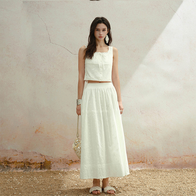 MarcMoore旗舰店温柔风白色法式复古刺绣蕾丝压褶吊带度假风套装