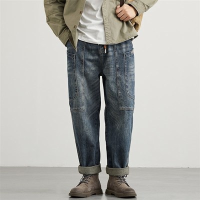工装牛仔裤男秋冬日系复古宽松阔腿老爹裤纯棉男款锥形直筒九分裤
