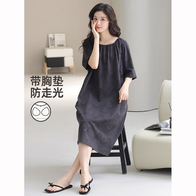 带胸垫睡裙女夏季新款短袖纯棉中长款过膝100%棉夏天黑色连体睡衣