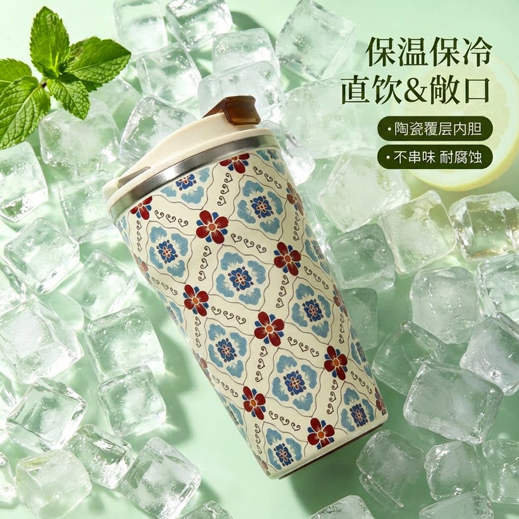 喜式陶瓷覆层内胆保温咖啡杯男女生高颜值生日水杯随行携便杯子