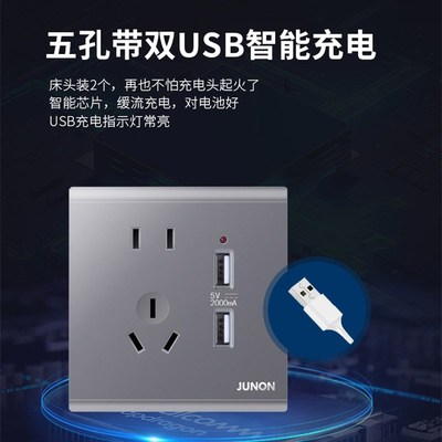 俊朗关插座灰色家用暗装型U五孔空调多孔位墙壁天悦