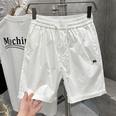 白色直筒休闲短裤男夏季薄款简约五分裤子K松紧腰宽松小刺绣沙滩